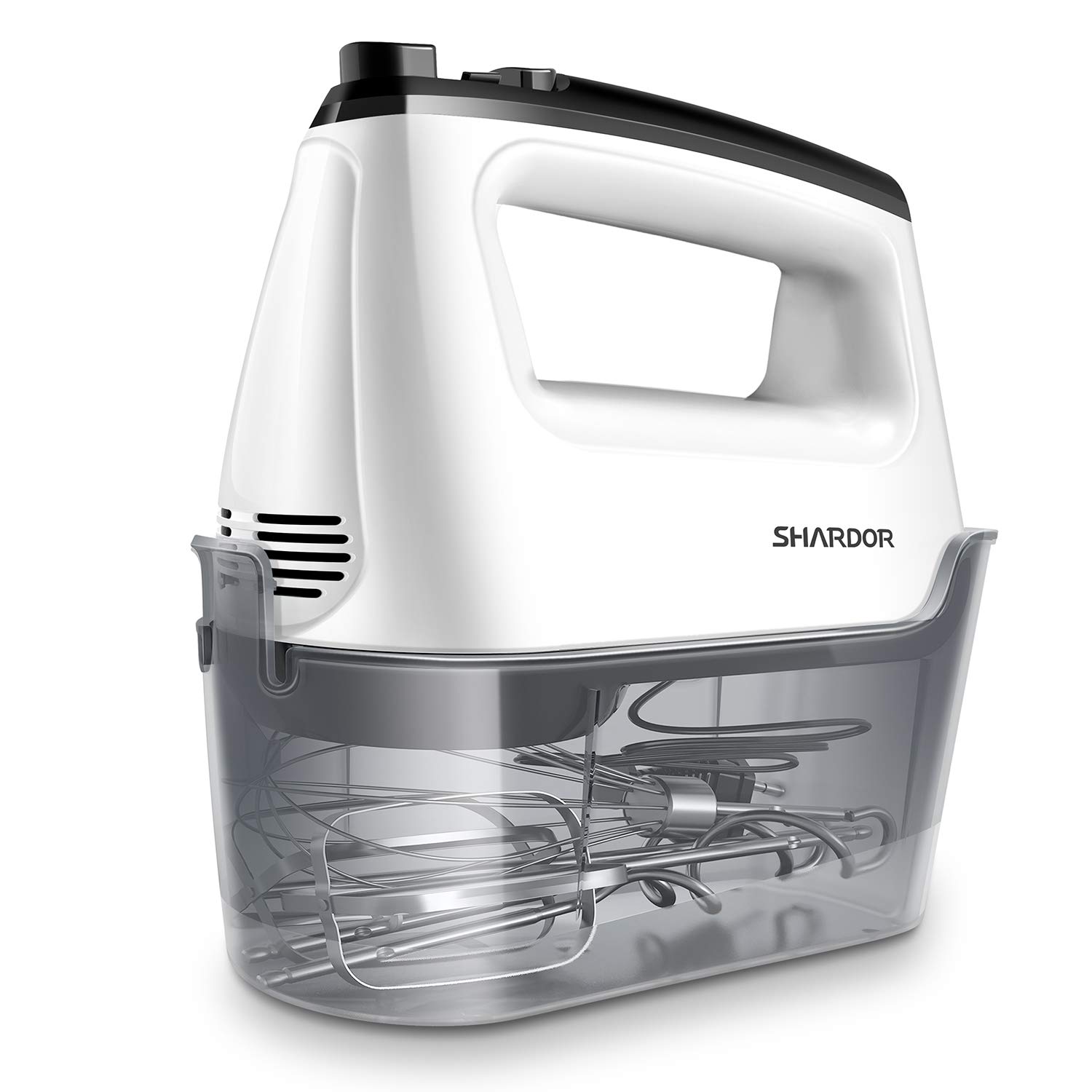 SHARDOR Hand Mixer Electric1.0, 6 Speed & Turbo Handheld Mixer with 5 Stainless Steel Accessories, For Whipping, Mixing Cookies, Brownie, Cakes, Dough Batters, Snap-On Storage Case, White