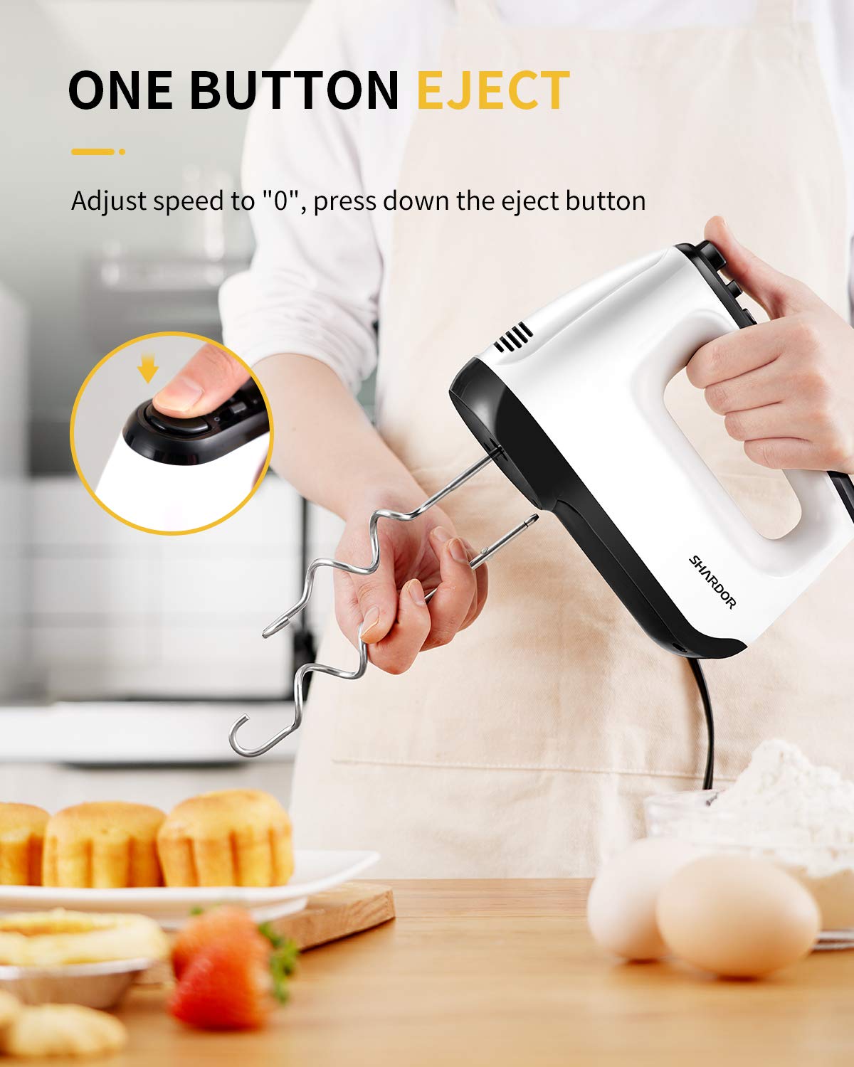 SHARDOR Hand Mixer Electric1.0, 6 Speed & Turbo Handheld Mixer with 5 Stainless Steel Accessories, For Whipping, Mixing Cookies, Brownie, Cakes, Dough Batters, Snap-On Storage Case, White