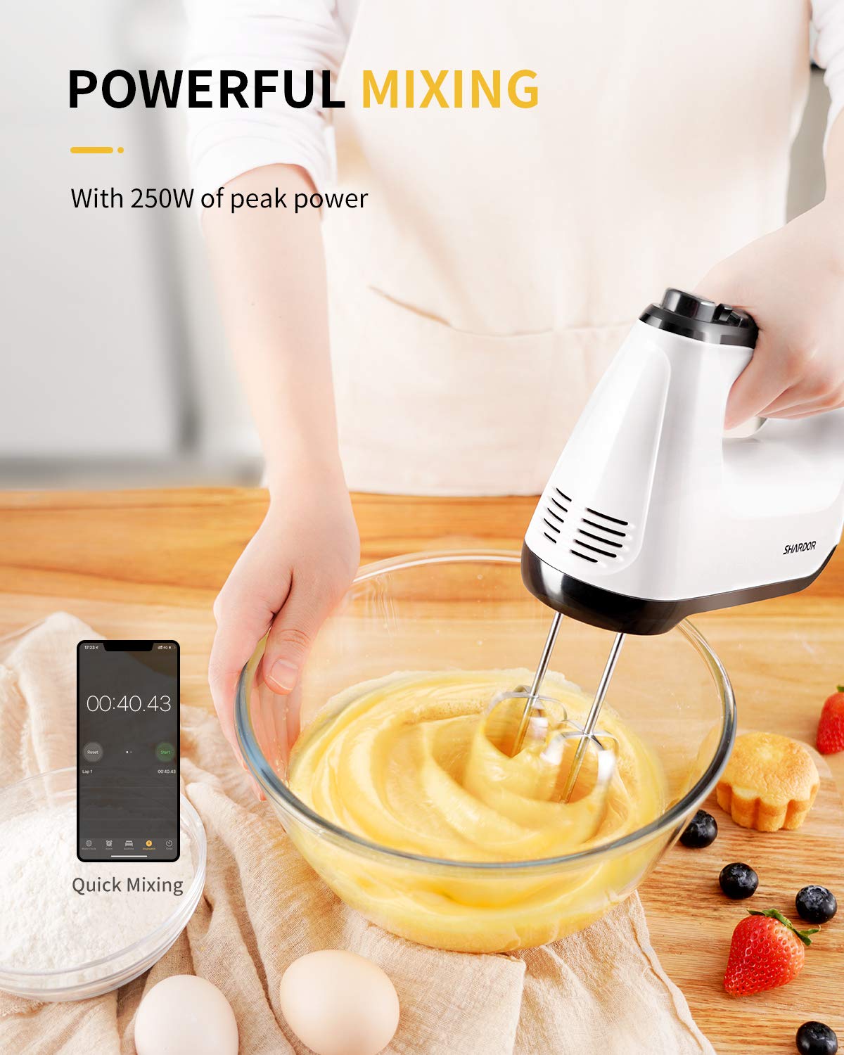 SHARDOR Hand Mixer Electric1.0, 6 Speed & Turbo Handheld Mixer with 5 Stainless Steel Accessories, For Whipping, Mixing Cookies, Brownie, Cakes, Dough Batters, Snap-On Storage Case, White