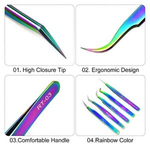 Eyelash Extension Tweezers Set for Eyelash Extension or Remove Eyelashes,Straight and Curved Eyelash Applicator Rainbow Color Tools