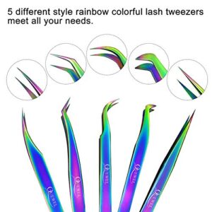 Eyelash Extension Tweezers Set for Eyelash Extension or Remove Eyelashes,Straight and Curved Eyelash Applicator Rainbow Color Tools