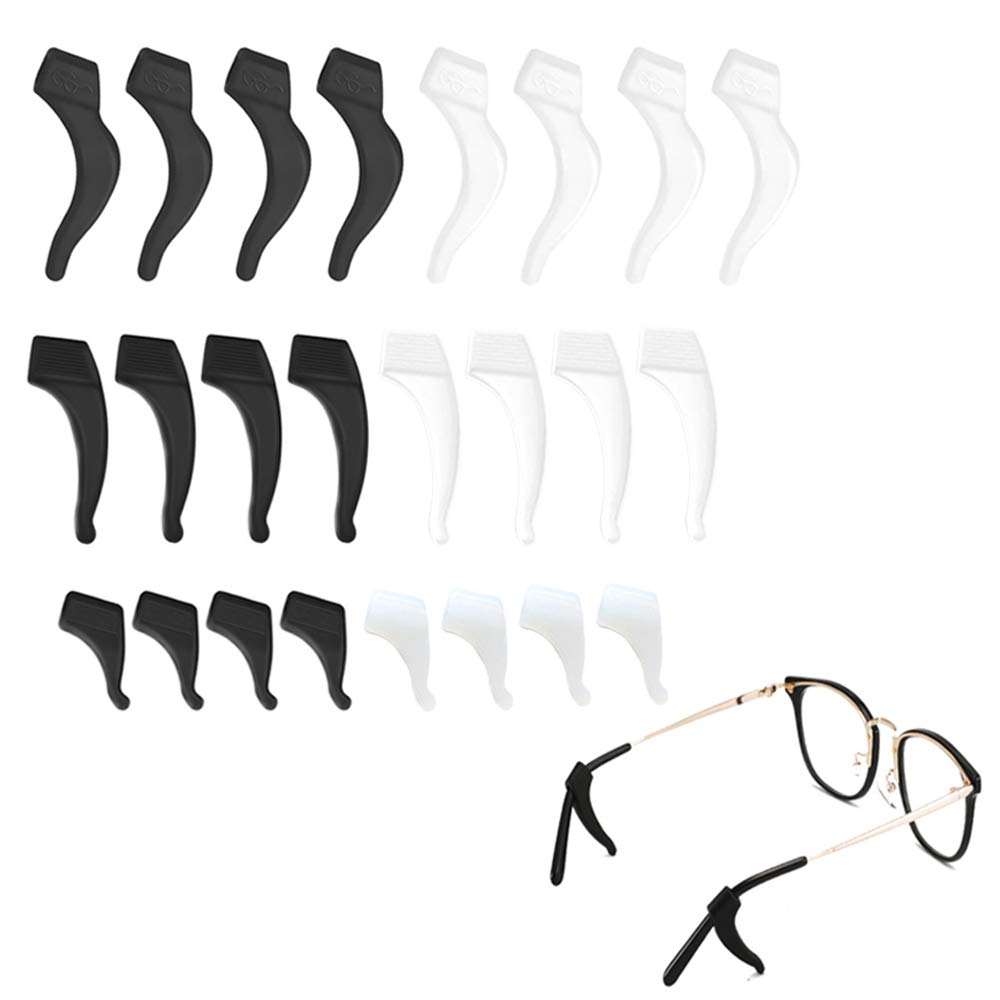 12 Pairs Kids and Adults Sport Eyeglasses Temple Tips Sleeve Retainer, Anti-Slip Eyeglasses Ear Grips,Soft Silicone Ear Hooks, Comfortable Eyeglasses Strap Holders, Eyewear Retainers（Black,Clear)