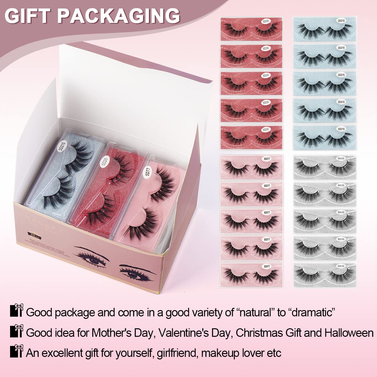 MAGEFY 20 Pairs Eyelashes, 4 Style Faux Mink Lashes Pack, Natural Look to Dramatic Long False Eyelashes, 16mm-20mm Handmade Reusable Soft Fake Eyelashes with Glitter Portable Boxes