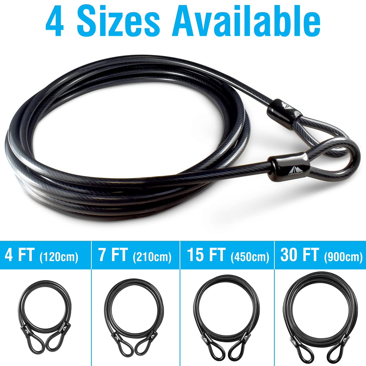 MARQUE Bike Security Steel Cable - 3/8 inch (10 mm) Thick (4', 7',15' or 30') Vinyl Coated Braided Steel with Double Sealed Looped Ends for U-Lock, Padlock, Disc Lock (7 FT)