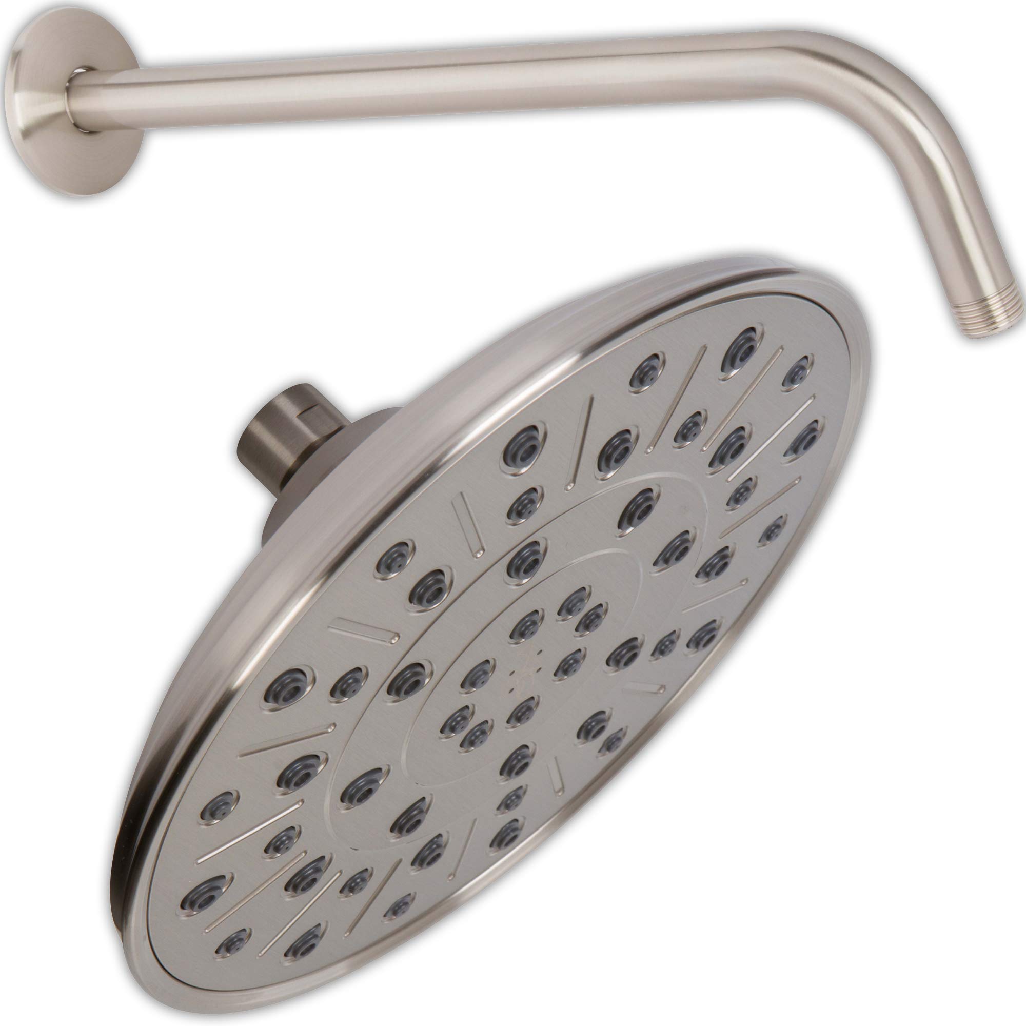 Rainfall Shower Head And Arm - 8 Inch Large Luxury Rain Showerhead For High Flow Overhead Showers With 12 Inch Stainless Steel Shower Arm And Flange, 2.5 GPM - Brushed Nickel