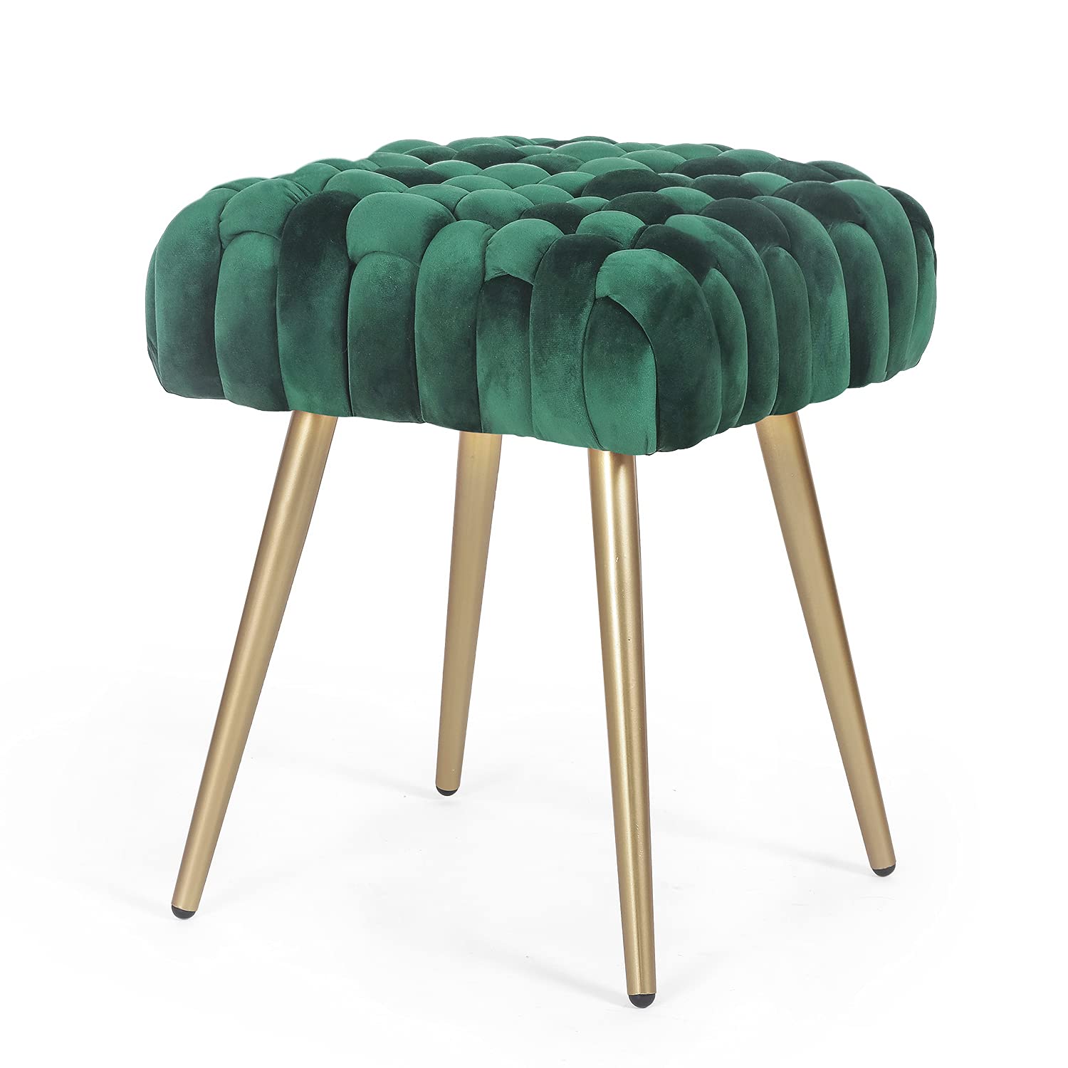 Decent Home Velvet Ottoman Footrest Stool,Tufted Fabric Upholstery Side Table Seat, Vanity Dressing Bench,Knit Lines Chair with Metal Legs for Living Room, Bedroom (Dark Green)