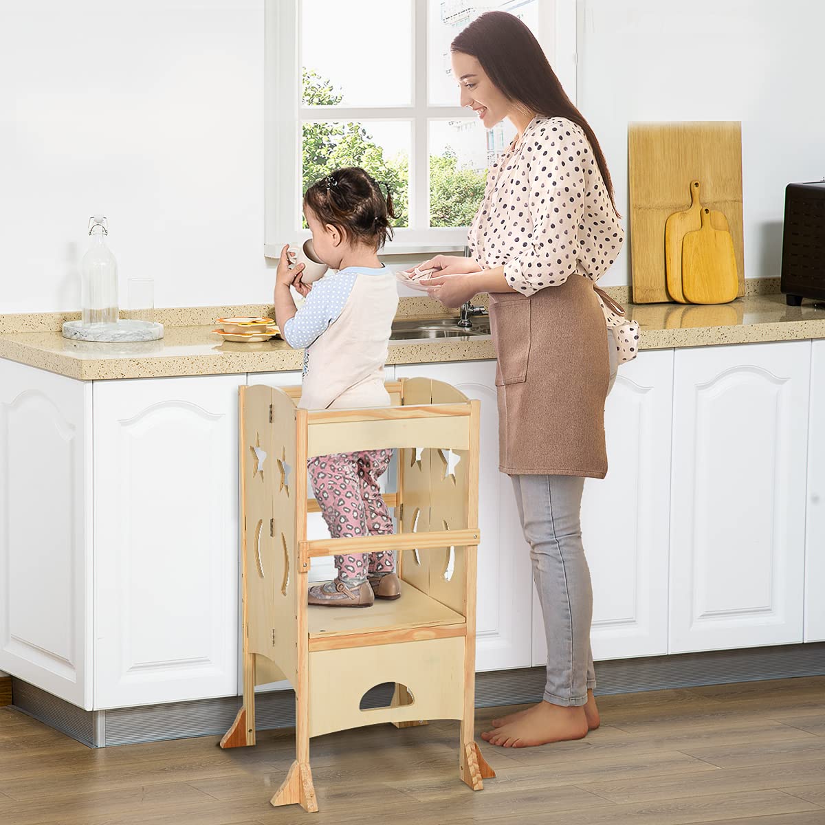 Qaba Wooden Kitchen Step Stool for Kids, Foldable Toddler Tower, Helper Stool for Kitchen Counter with Support Handles Safety Rail, Natural Wood