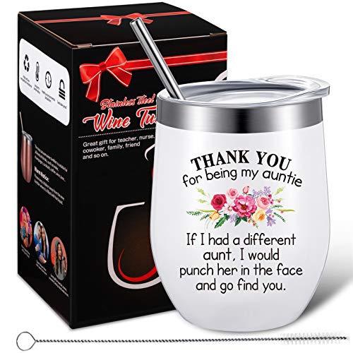 Aunt Birthday Gift from Niece Nephew Best Aunt Ever Thank You for Being My Aunt Coffee Mug for Mother's Day Christmas 12 oz Insulated Stainless Steel Wine Tumbler with Lid Straw and Brush