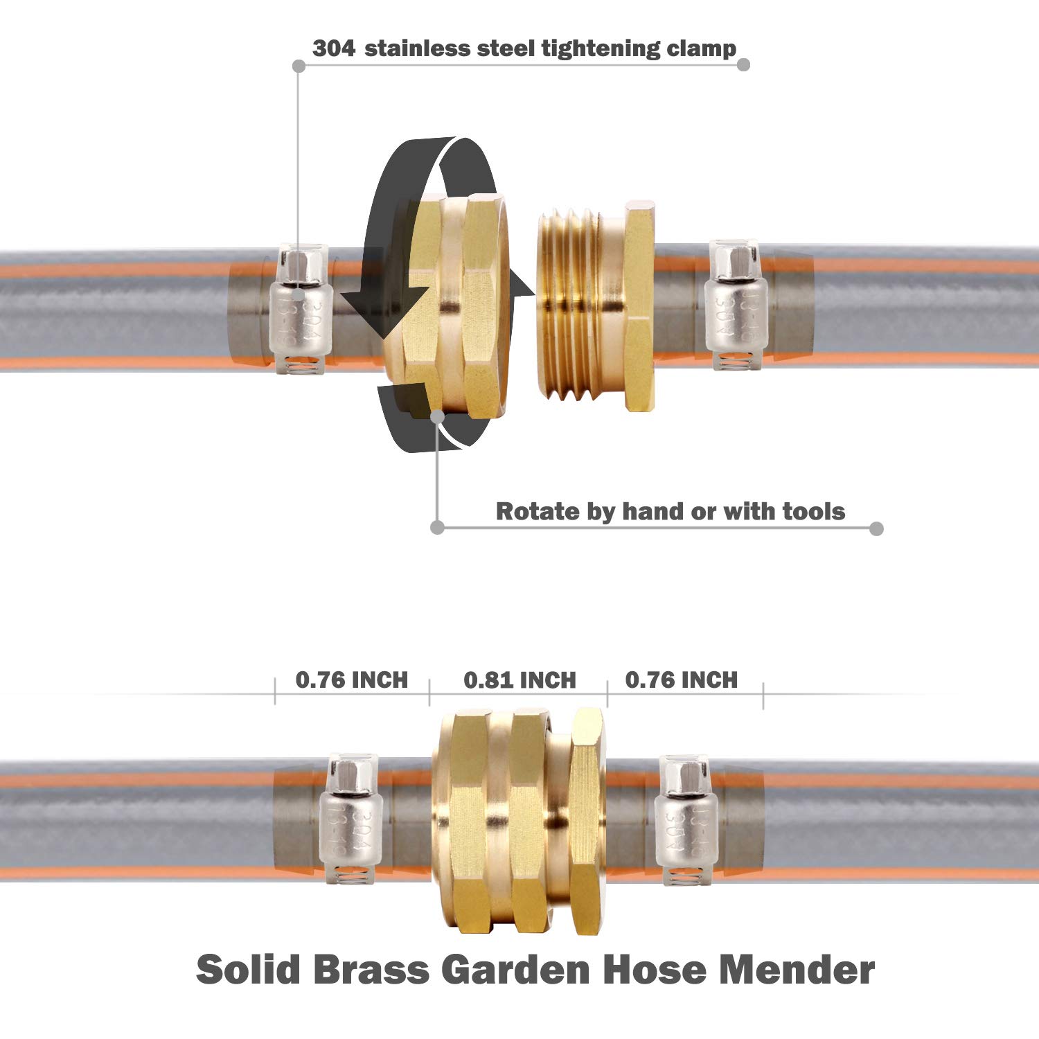 YELUN Solid Brass Garden Hose Repair Connector with Clamps Hose End Repair Kit,Fit for 5/8"Garden Hose Fitting,Male and Female Hose Fittings(5/8"-3 Set)