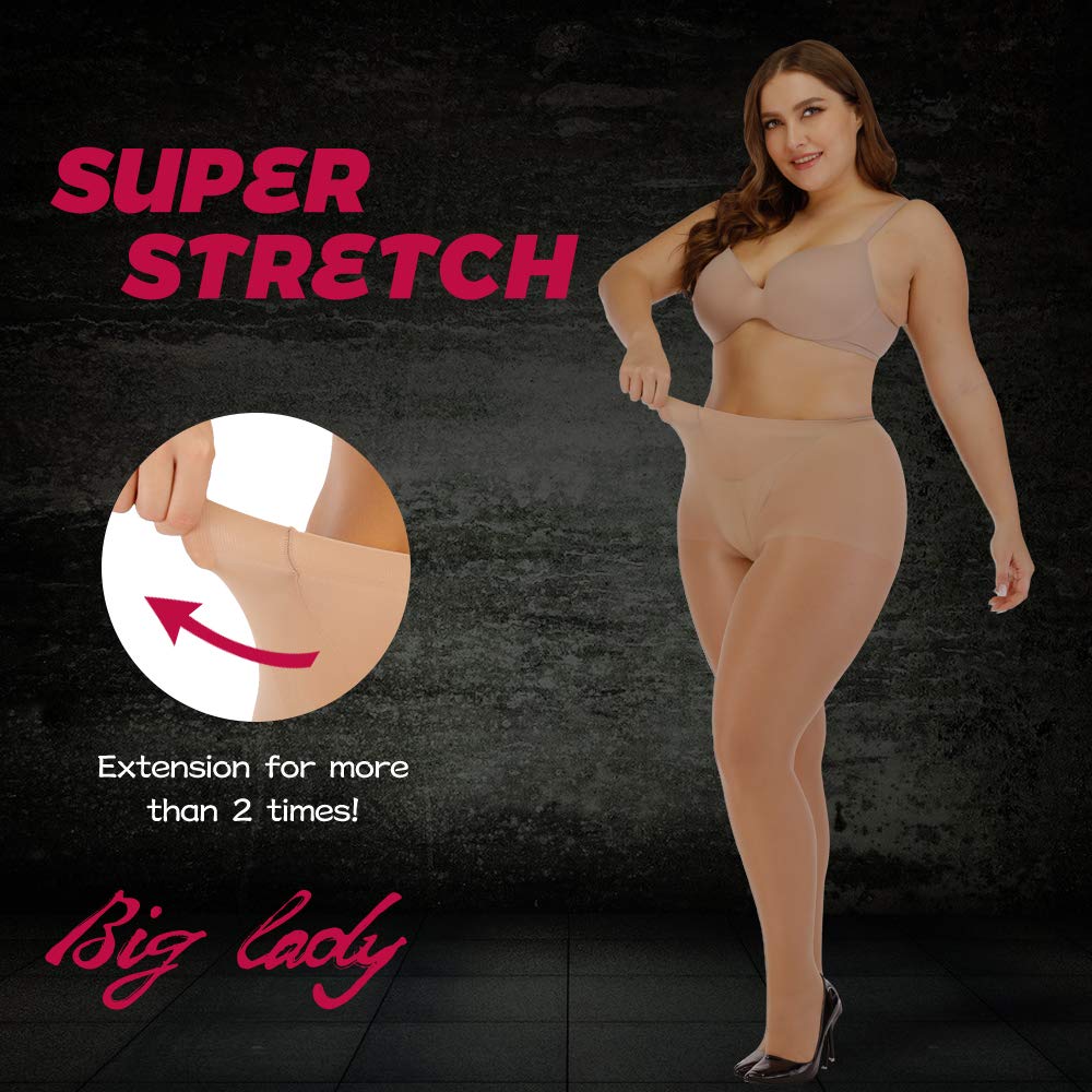 ARRUSA Super Durable Plus Size Tights, High Waist Control Top Sheer Pantyhose, Shiny Nylon Thigh High Stockings for Women