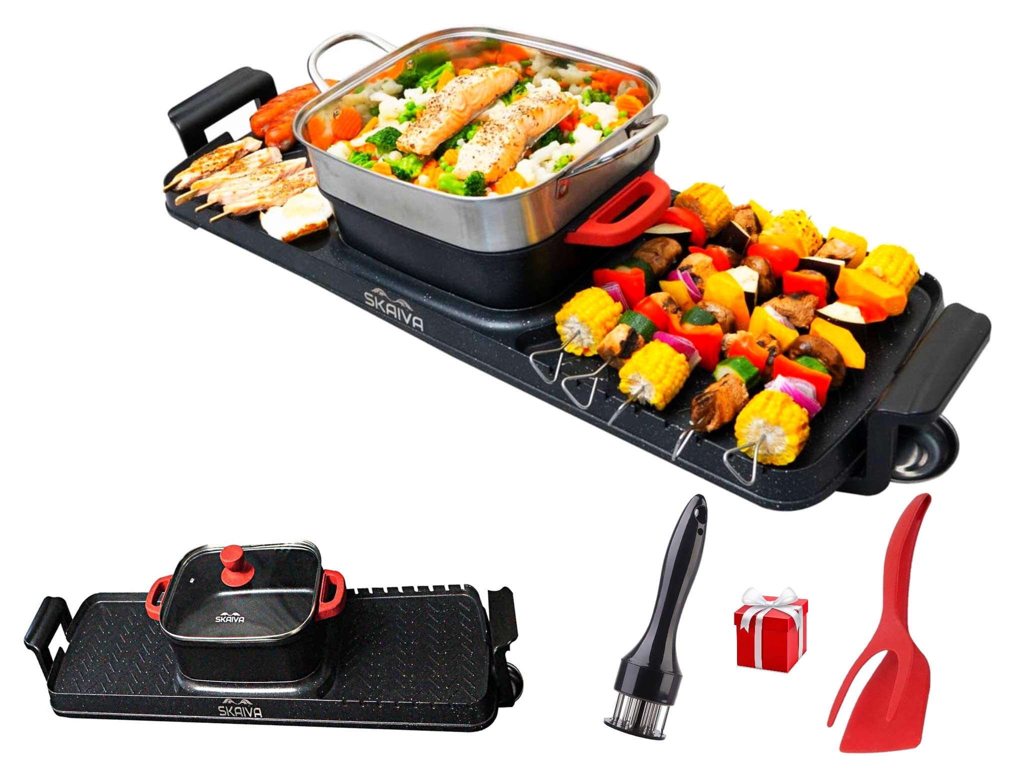 SKAIVA Electric Hot Pot with Grill and Steamer 3 in 1 Detachable Shabu Shabu Hot pot Electric Indoor Korean BBQ Grill, Smokeless Non-Stick KBBQ Hotpot Grill Combo (GP-009A)