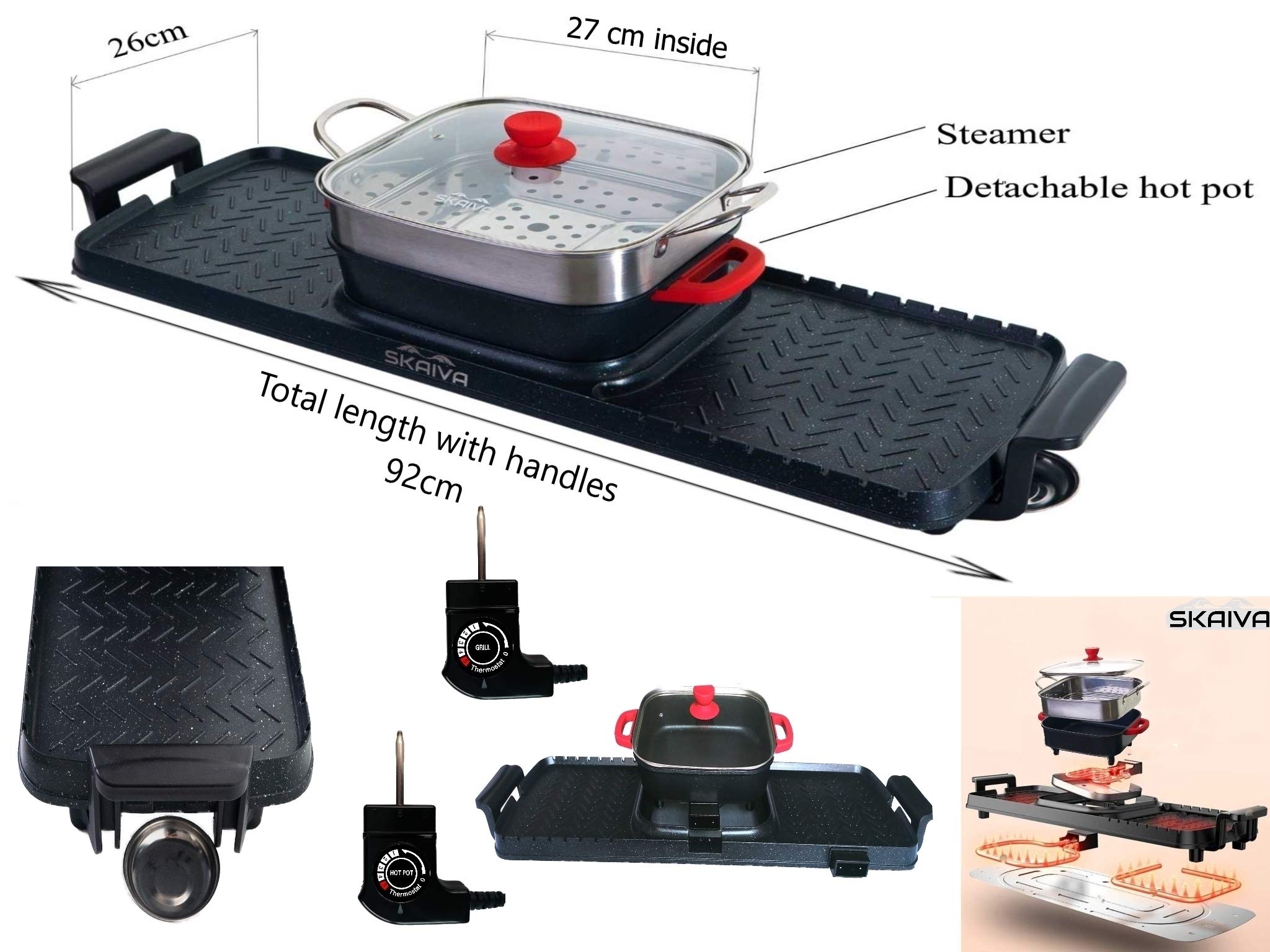 SKAIVA Electric Hot Pot with Grill and Steamer 3 in 1 Detachable Shabu Shabu Hot pot Electric Indoor Korean BBQ Grill, Smokeless Non-Stick KBBQ Hotpot Grill Combo (GP-009A)