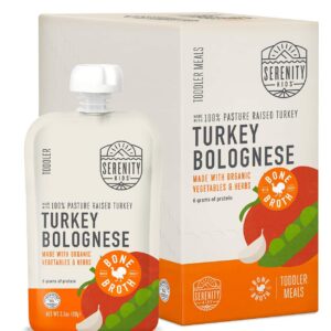 Serenity Kids Bone Broth Puree Made With Organic Veggies | Clean Label Project Purity Award Certified | 3.5 Ounce BPA-Free Pouch | Pasture Raised Turkey Bolognese | 6 Count