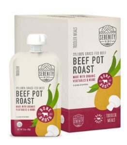 serenity kids bone broth puree made with organic veggies | clean label project purity award certified | 3.5 ounce bpa-free pouch | grass fed beef pot roast | 6 count