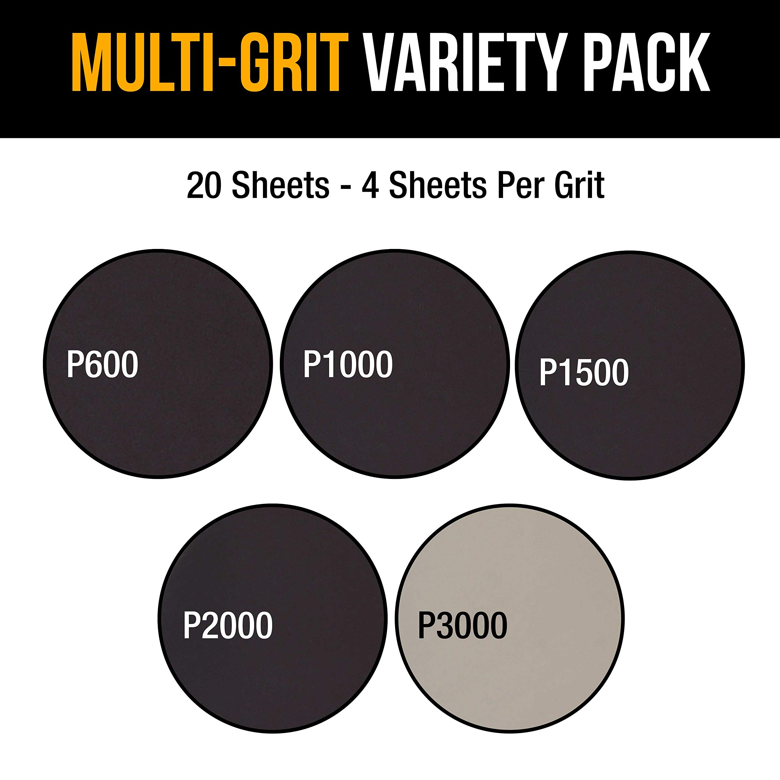 Dura-Gold Premium 6" Wet or Dry Sandpaper Disc Variety Pack - Grits 600, 1000, 1500, 2000, 3000 (4 Each, 20 Pcs) Hook & Loop Backing - Color Sanding Polishing, Automotive Woodworking DA Orbital Sander