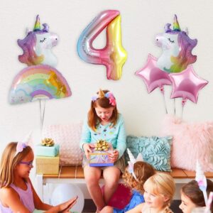 Unicorn Birthday Decorations for Girls 4th Birthday- Bouquet of Unicorn Balloons for Rainbow Unicorn Party Supplies (Number 4)