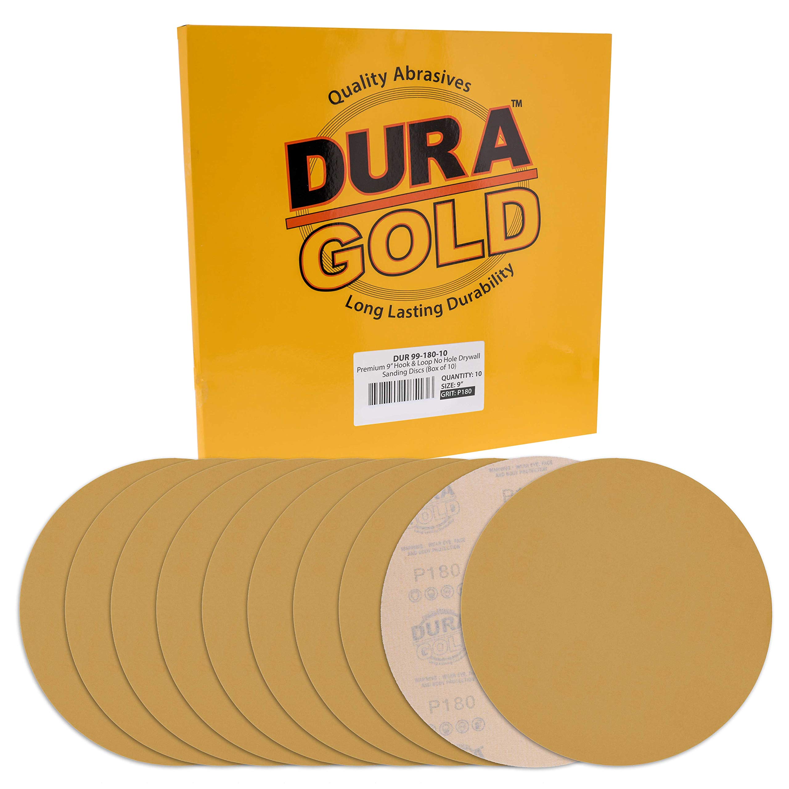 Dura-Gold Premium 9" Drywall Sanding Discs - 180 Grit (Box of 10) - High-Performance Sandpaper Discs with Hook & Loop Backing, Fast Cutting Aluminum Oxide Abrasive - for Drywall Power Sander, Wood