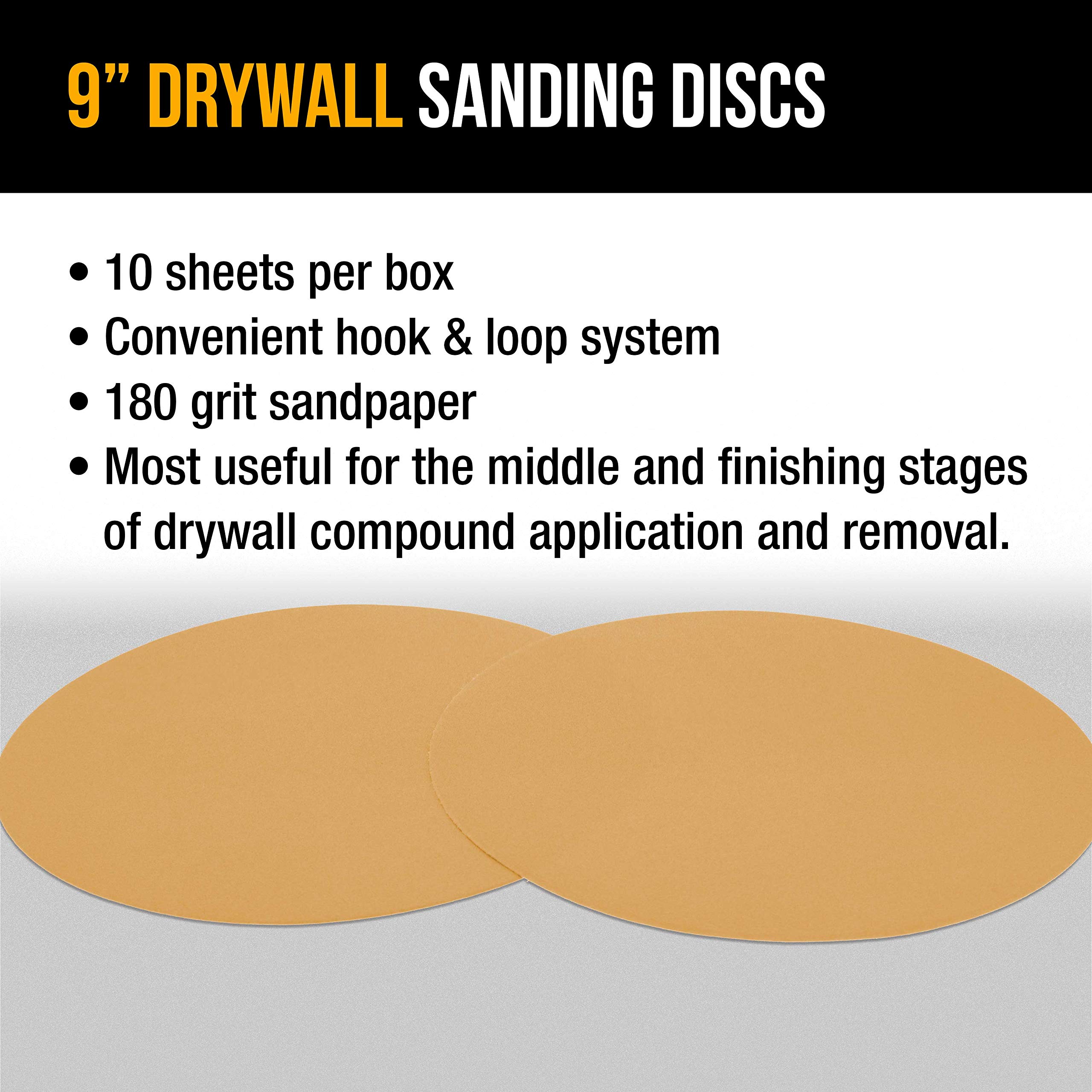 Dura-Gold Premium 9" Drywall Sanding Discs - 180 Grit (Box of 10) - High-Performance Sandpaper Discs with Hook & Loop Backing, Fast Cutting Aluminum Oxide Abrasive - for Drywall Power Sander, Wood