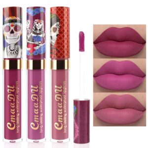 evpct 3pcs mauve sandy pink chestnut dark red matte liquid lipstick lip gloss stain makeup set for women skull face 24 hour long lasting waterproof lipstick smudge proof labial mate larga duracion 24