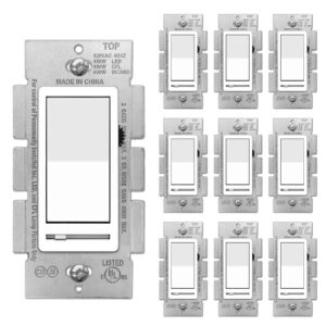 bestten 10 pack dimmer light switch, single pole or 3-way, led dimmer switches, compatible with dimmable led, cfl, incandescent and halogen bulb, neutral wire not required, 120vac