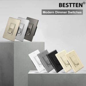 BESTTEN 10 Pack Dimmer Light Switch, Single Pole or 3-Way, LED Dimmer Switches, Compatible with Dimmable LED, CFL, Incandescent and Halogen Bulb, Neutral Wire Not Required, 120VAC