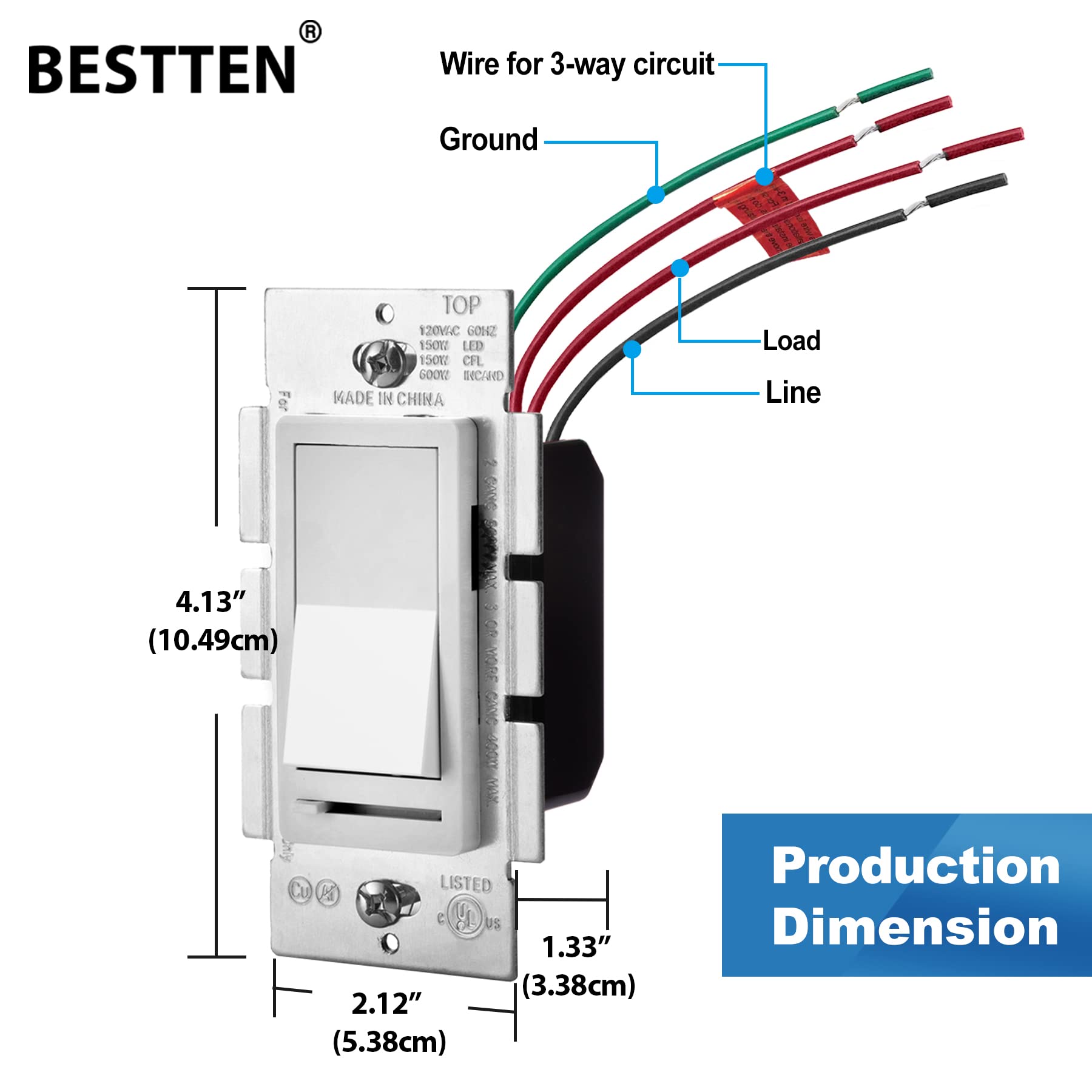 BESTTEN 10 Pack Dimmer Light Switch, Single Pole or 3-Way, LED Dimmer Switches, Compatible with Dimmable LED, CFL, Incandescent and Halogen Bulb, Neutral Wire Not Required, 120VAC