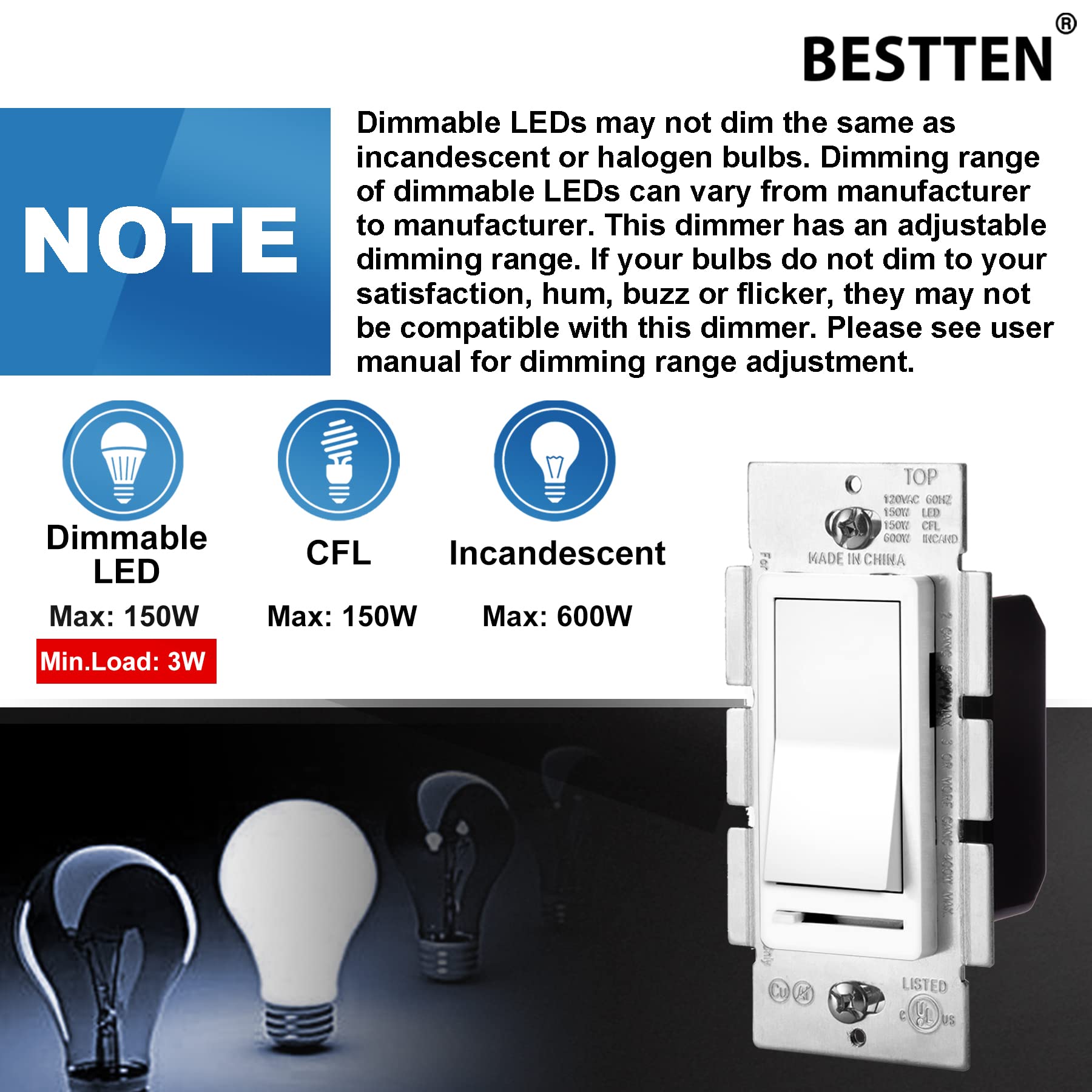 BESTTEN 10 Pack Dimmer Light Switch, Single Pole or 3-Way, LED Dimmer Switches, Compatible with Dimmable LED, CFL, Incandescent and Halogen Bulb, Neutral Wire Not Required, 120VAC