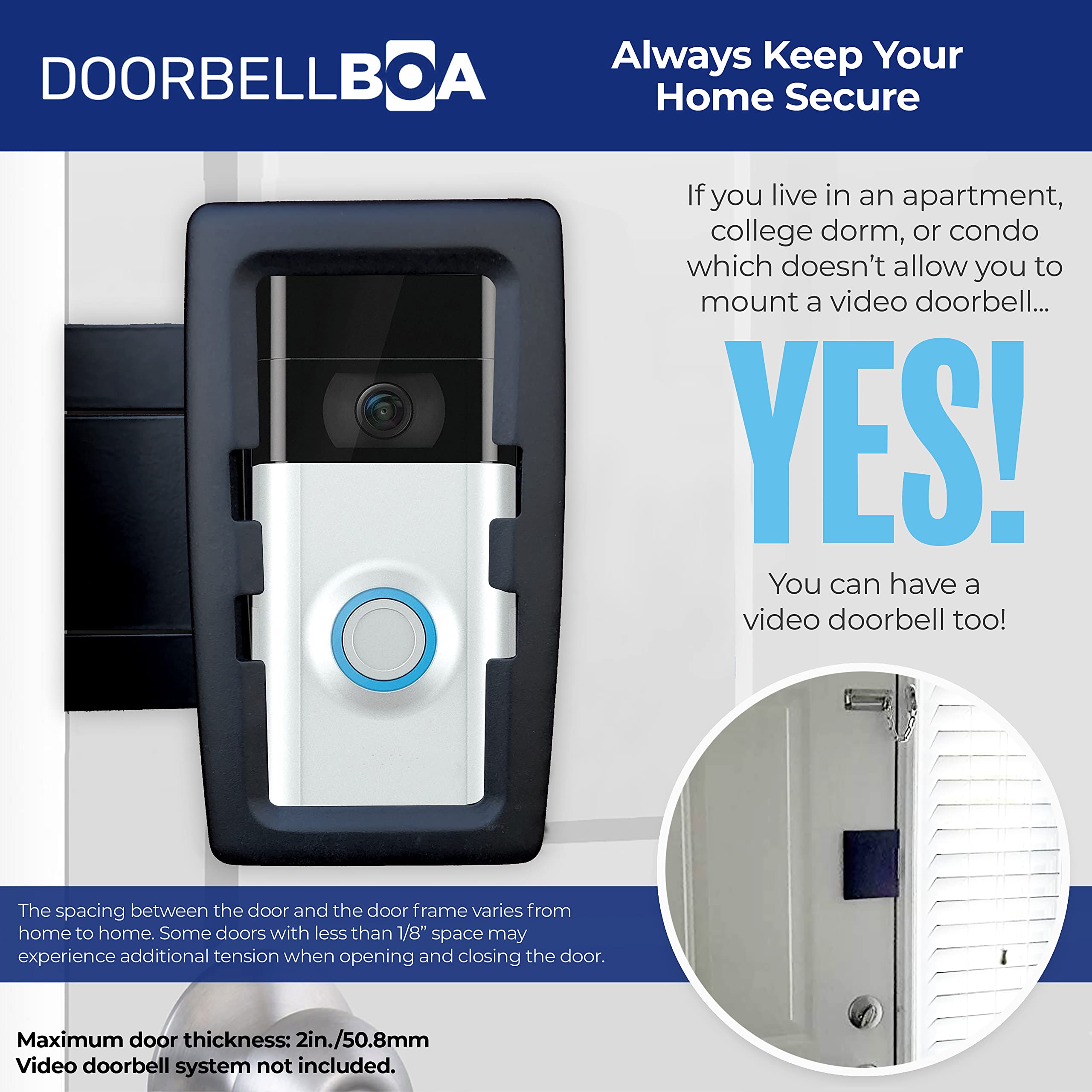 DoorbellBoa Anti-Theft Video Doorbell Door Mount, No Tools or Installation, Mounts Securely in Seconds, Compatible with Ring & Other Video Doorbells (Black)