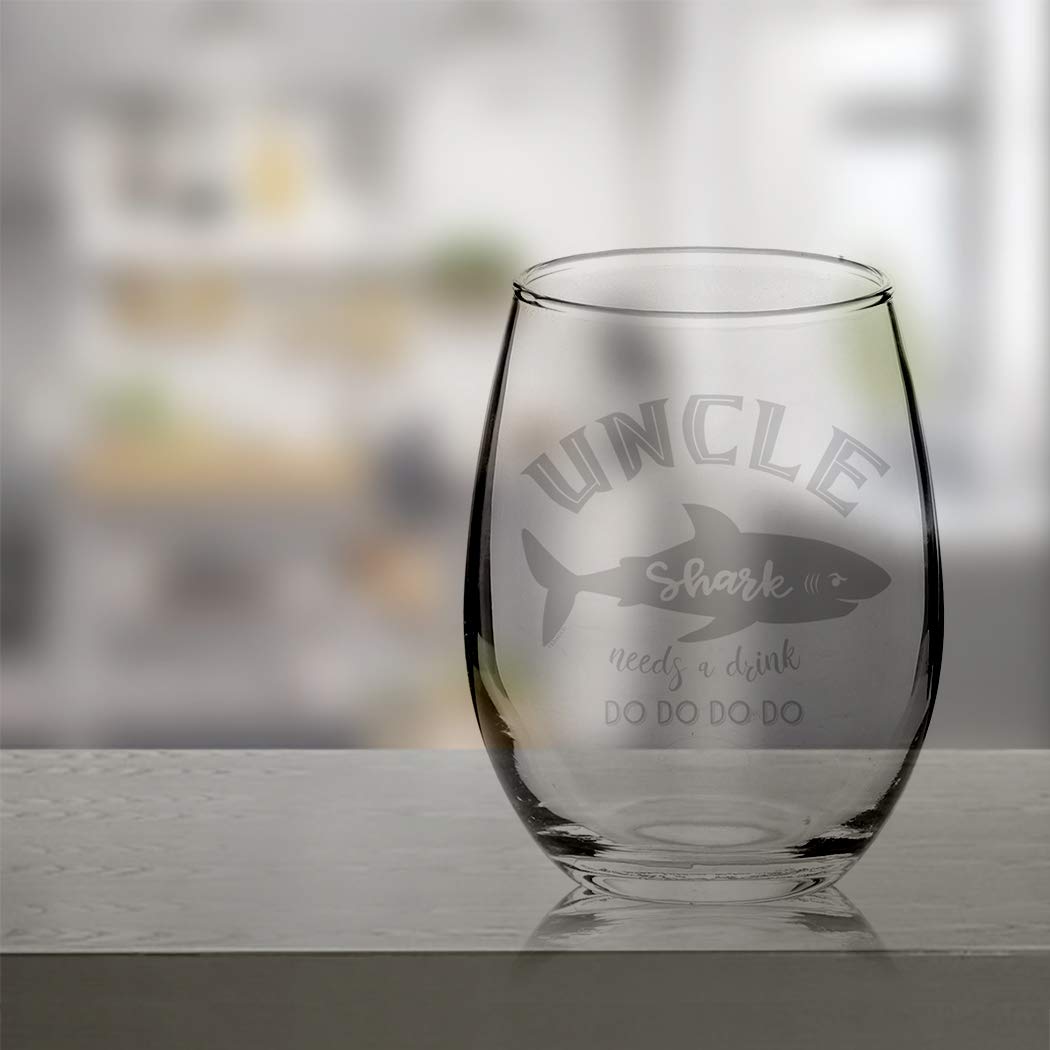 Veracco Uncle Shark Needs a Drink Stemless Wine Glass Funny Shark Gifts For Uncle Birthday Fathers Day (Clear, Glass)