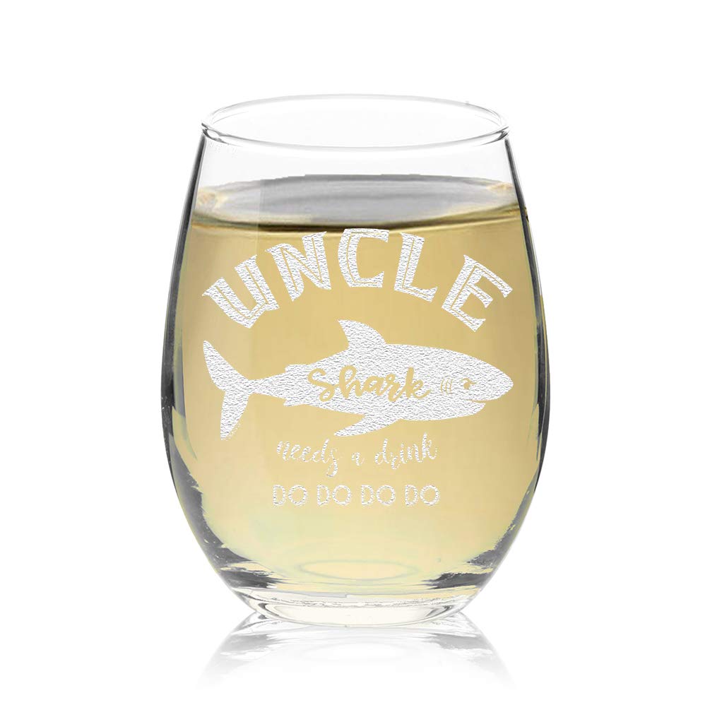 Veracco Uncle Shark Needs a Drink Stemless Wine Glass Funny Shark Gifts For Uncle Birthday Fathers Day (Clear, Glass)