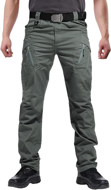 Susclude Men's Tactical Pants Stretch, 9 Pockets Rip Stop Lightweight Cargo Work Military Trousers Outdoor Hiking Plus Size Pants Gray Green 38Wx32L