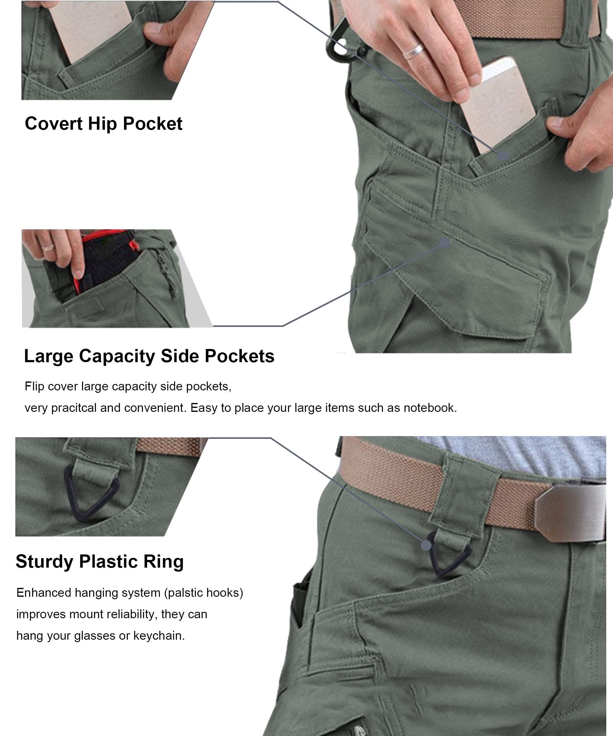 Susclude Men's Tactical Pants Stretch, 9 Pockets Rip Stop Lightweight Cargo Work Military Trousers Outdoor Hiking Plus Size Pants Gray Green 38Wx32L