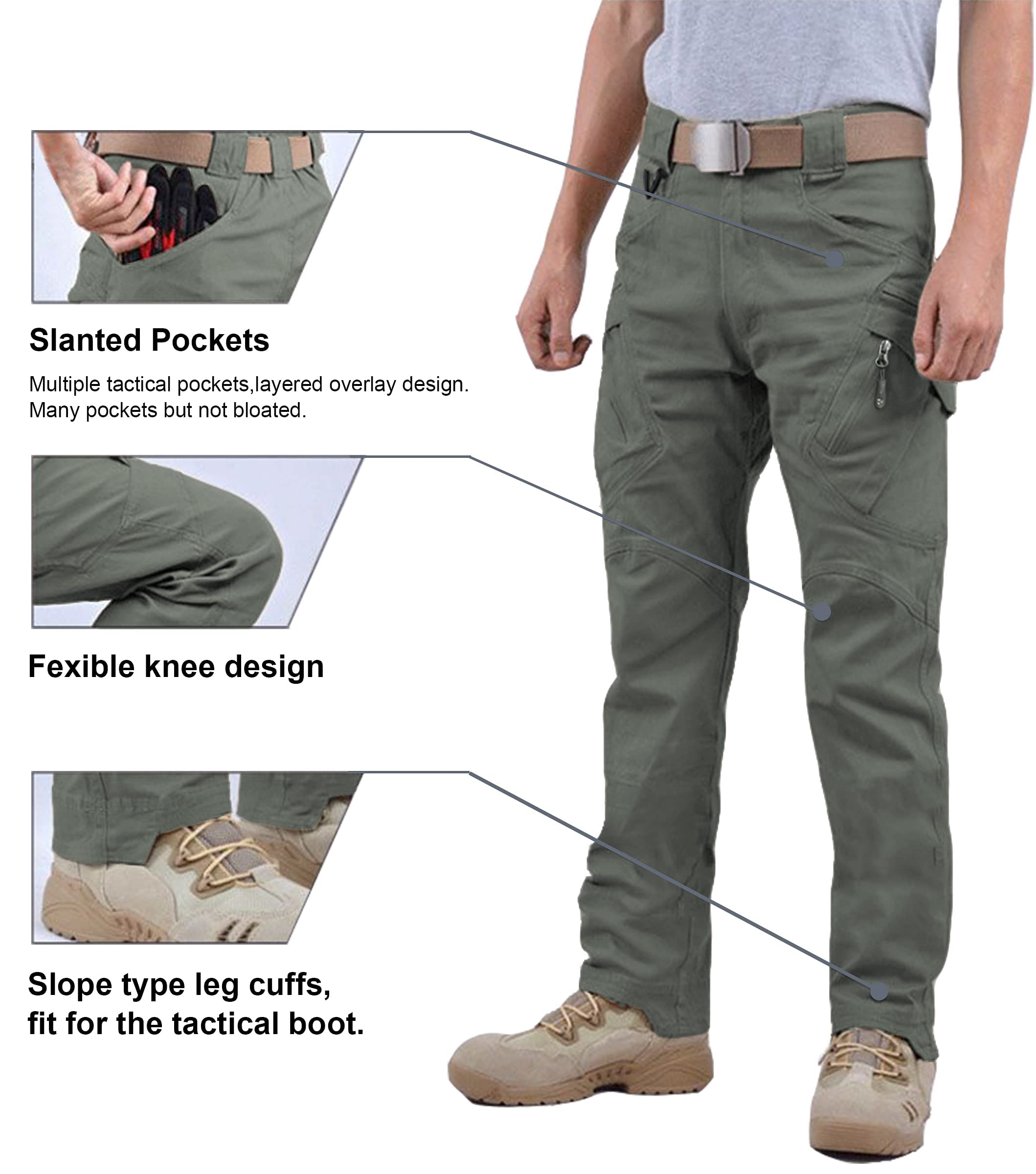 Susclude Men's Tactical Pants Stretch, 9 Pockets Rip Stop Lightweight Cargo Work Military Trousers Outdoor Hiking Plus Size Pants Gray Green 38Wx32L