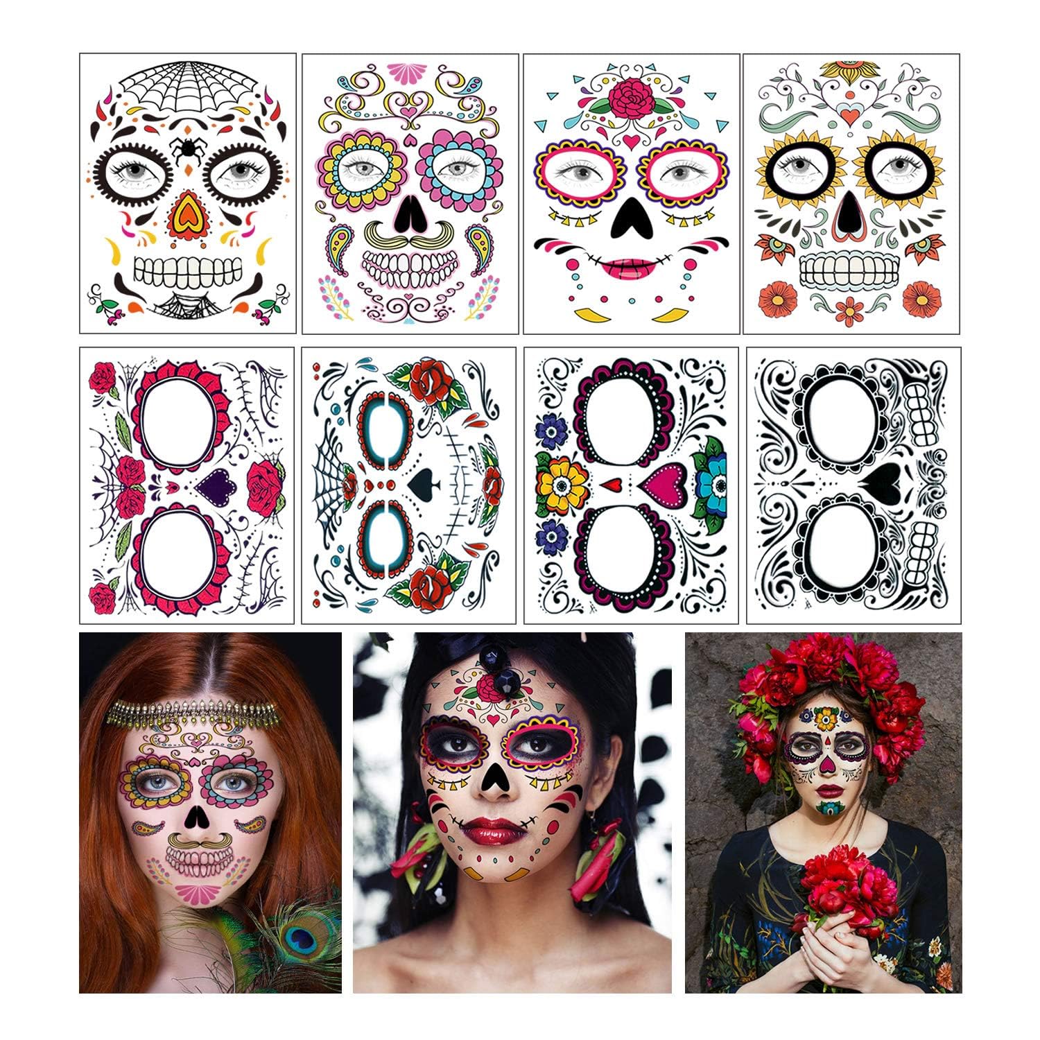 Day of the Dead Face Tattoos, 8 Sheets Sugar Skull Temporary Face Tattoos Stickers for Halloween Party Makeup