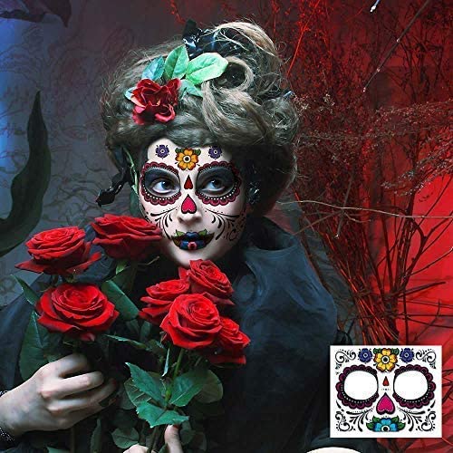 Day of the Dead Face Tattoos, 8 Sheets Sugar Skull Temporary Face Tattoos Stickers for Halloween Party Makeup