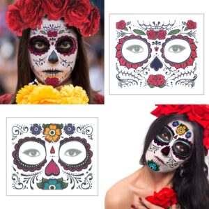 Day of the Dead Face Tattoos, 8 Sheets Sugar Skull Temporary Face Tattoos Stickers for Halloween Party Makeup