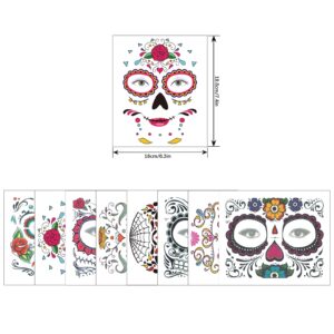 Day of the Dead Face Tattoos, 8 Sheets Sugar Skull Temporary Face Tattoos Stickers for Halloween Party Makeup