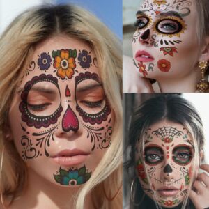 Day of the Dead Face Tattoos, 8 Sheets Sugar Skull Temporary Face Tattoos Stickers for Halloween Party Makeup