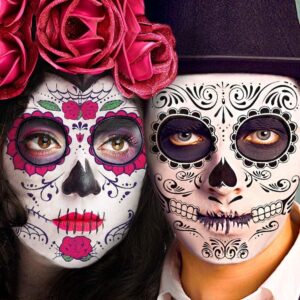 Day of the Dead Face Tattoos, 8 Sheets Sugar Skull Temporary Face Tattoos Stickers for Halloween Party Makeup