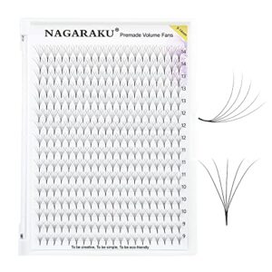 nagaraku premade fans eyelash extensions 320 fans 5d volume 0.07mm d curl 9-14mm mix tray sharp narrow stem clusters thin pointy base russian pre fanned fluffy matte black