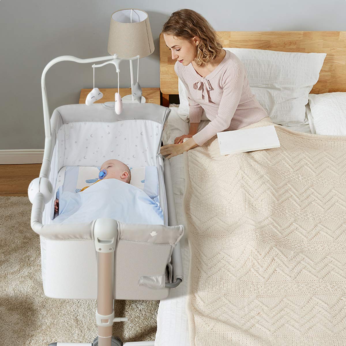 BABY JOY Baby Bassinet, Height Adjustable Portable Bassinet Crib w/Music Box, Toy Rack, Mattress, Breathable Mesh & Travel Bag, Easy Folding Bassinet Bedside Sleeper for Newborn Infant (Light Grey)