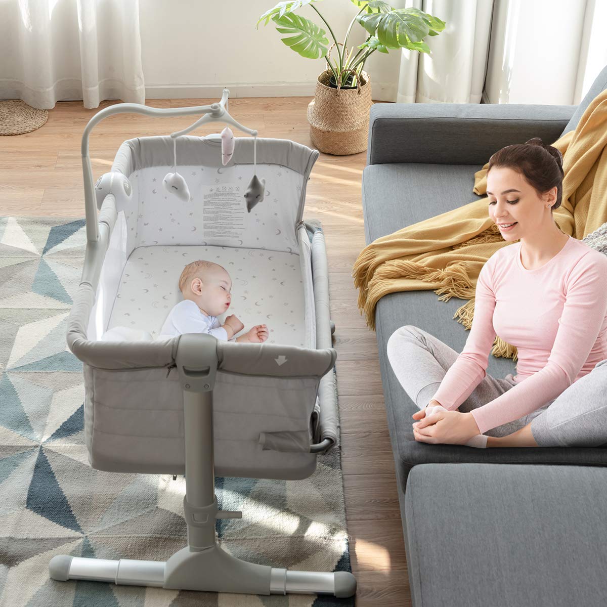 BABY JOY Baby Bassinet, Height Adjustable Portable Bassinet Crib w/Music Box, Toy Rack, Mattress, Breathable Mesh & Travel Bag, Easy Folding Bassinet Bedside Sleeper for Newborn Infant (Light Grey)