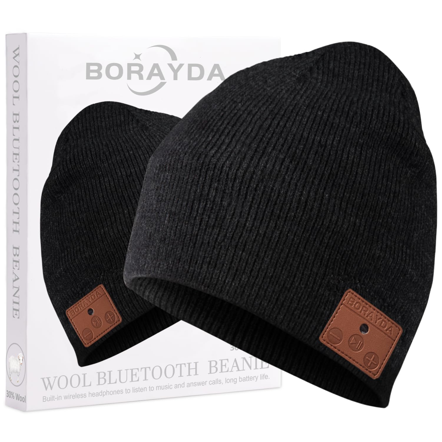 BORAYDA Bluetooth Beanie, Bluetooth 5.2 Wool Hat HD Stereo,24 Hours Play Time,Built-in Microphone, Men's/Women's Christmas Electronic Gift (Black)