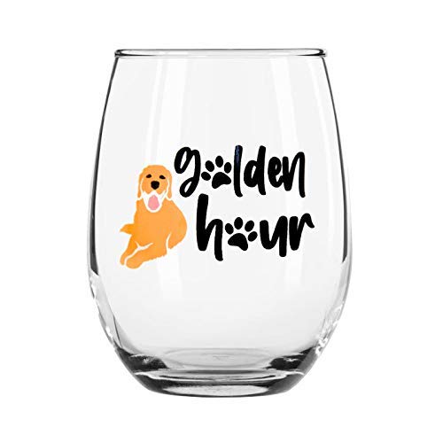 Drinking Divas Golden Retriever Golden Hour Stemless Wine Glass Fun Gifts for Women, Mom, Best Friend, Sister, Girlfriend, Wife, Cute Dog Lovers - Adorable Mother's Day or Birthday Present