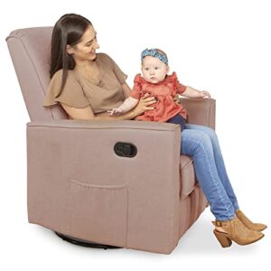 evolur raleigh upholstered plush seating glider swivel, rocker, recliner, glider for nursery in pink, greenguard gold certified, modern nursery recliner, environmentally conscious glider