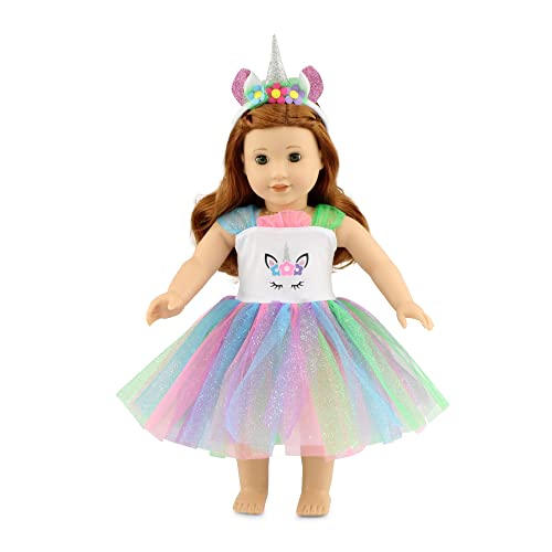 Emily Rose 18 Inch Doll Clothes 18" Doll Unicorn Glittery Doll Dressy Dress Gift Set with Headband Accessory