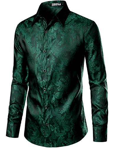 ZEROYAA Men's Paisley Jacquard Slim Fit Long Sleeve Button Up Dress Shirt for Party Prom ZLCL28-Emerald Small