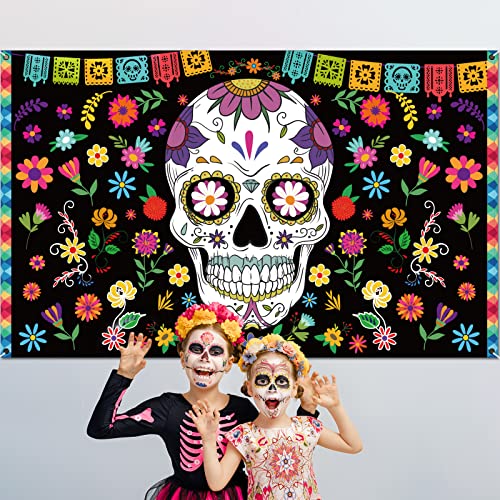 Day of The Dead Backdrop for Mexican Fiesta Sugar Skull Flowers Background Dia DE Los Muertos Birthday Halloween Party Supplies Fiesta Banner Party Decoration Photo Booth Studio (Skull)