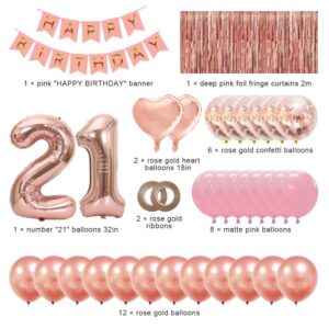 NIUBER 21st Birthday Decorations For Women,21 Birthday Decorations with Rose Gold Balloons, Happy Birthday Banner,Backdrop and Confetti Balloons