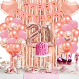 NIUBER 21st Birthday Decorations For Women,21 Birthday Decorations with Rose Gold Balloons, Happy Birthday Banner,Backdrop and Confetti Balloons